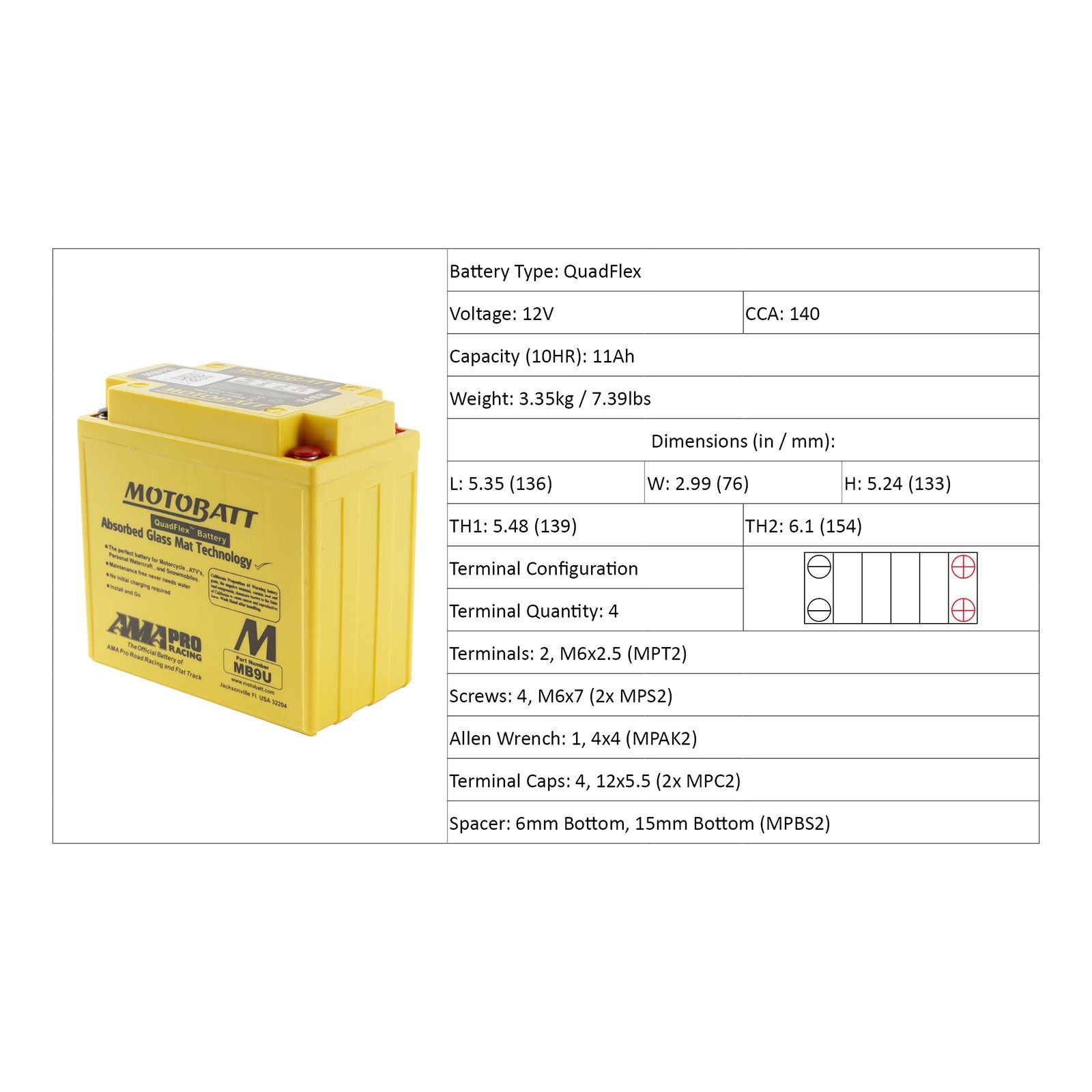 Triumph (Classic) 750 Trident 3 Cyl T150 1973 Motobatt Quadflex 12V Battery